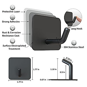 VIS'V Adhesive Hooks, Black Self Adhesive Shower Wall Hooks Waterproof Stainless Steel Stick on Hooks Heavy Duty Kitchen Bathroom Sticky Hooks for Towel Loofah Key Cup Hat Coat - 4 Pcs