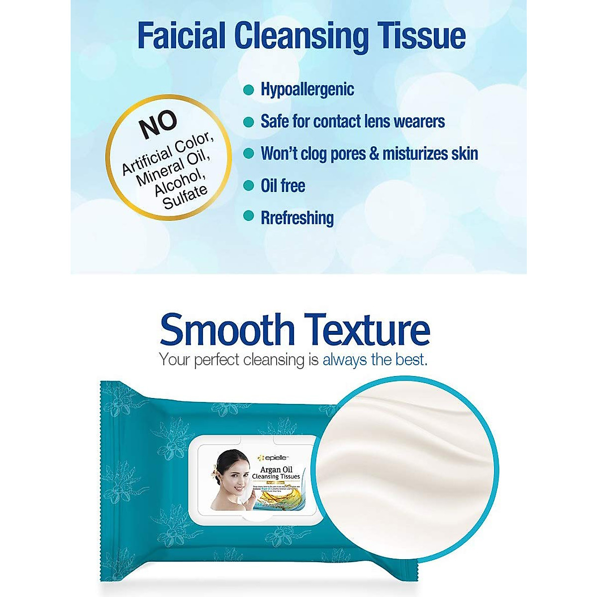 Epielle Argan Oil Cleansing Facial Tissues Makeup Remover Wipes Gentle and Nicely Scented Towelettes - 60 Sheets per pack, 4 pack (new)