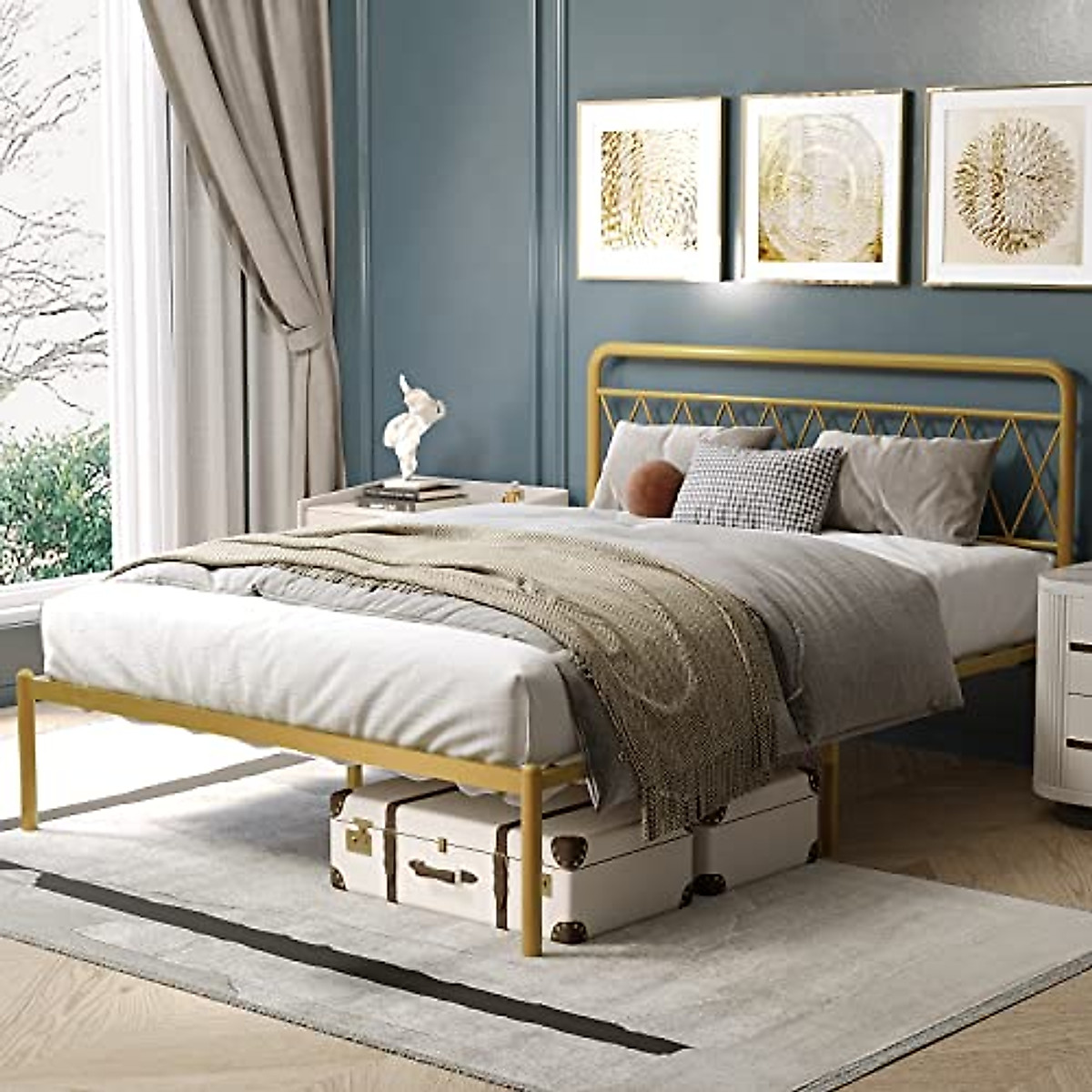 Orweiin Gold Full Size Bed Frame with Headboard, Metal Platform, Full with Under Bed Storage, Heavy Duty, No Box Spring Needed, Easy Assembly, Gold