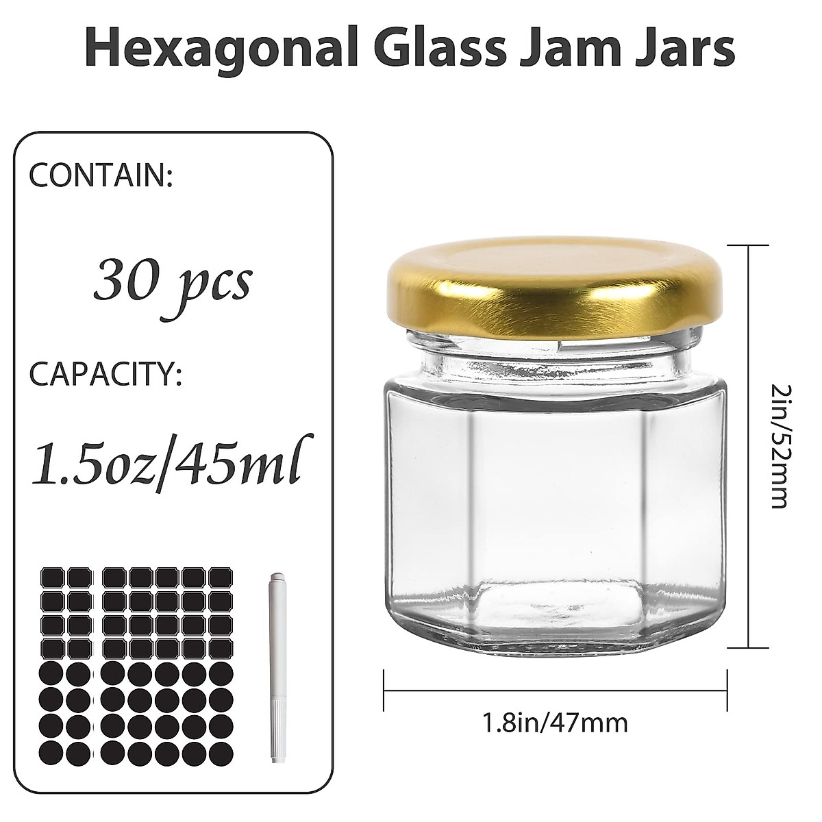 Keketin 1.5oz Honey Jars,30 Pack Hexagonal Glass Jars with Gold Lids,45ml Small Canning Jar Mini Storage Glass Jars for Jams,Fruits,Spices,Nuts,Jellies,Baby Foods