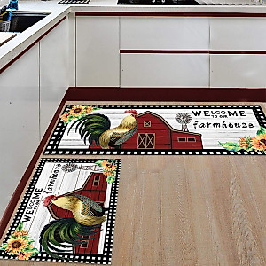 Z&L Home 2 Pieces Kitchen Rugs and Mats Set Non Slip Rubber Backing Floor Mat Bath Carpet Accent Area Runner Thin Low Pile Indoor Doormat Sets- Wood Barn Windmill on Board Farm Rooster Sunflower