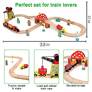 Qilay Wooden Train Set for Toddler - 39 Pcs Wooden Train Tracks with Crane, Bridge & 5 Wooden Trains - Train Toys for 3,4,5 Year Old Boys & Girls - Fit All Major Bands Train Tracks Set