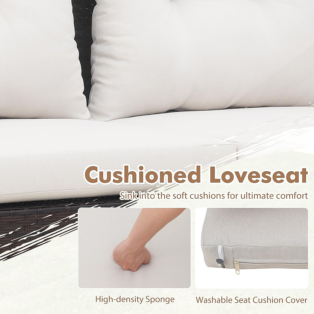 Tangkula 2 Pieces Patio Wicker Furniture Set, Heavy Duty Outdoor Cushioned Loveseat with Acacia Wood Coffee Table, for Backyard, Balcony, Deck and Poolside (Off White)