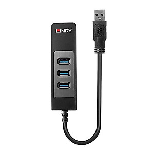 LINDY USB 3.1 Type A to Gigabit LAN 3 Port Type A Hub Adapter for Ultrabook and Tablet, Black