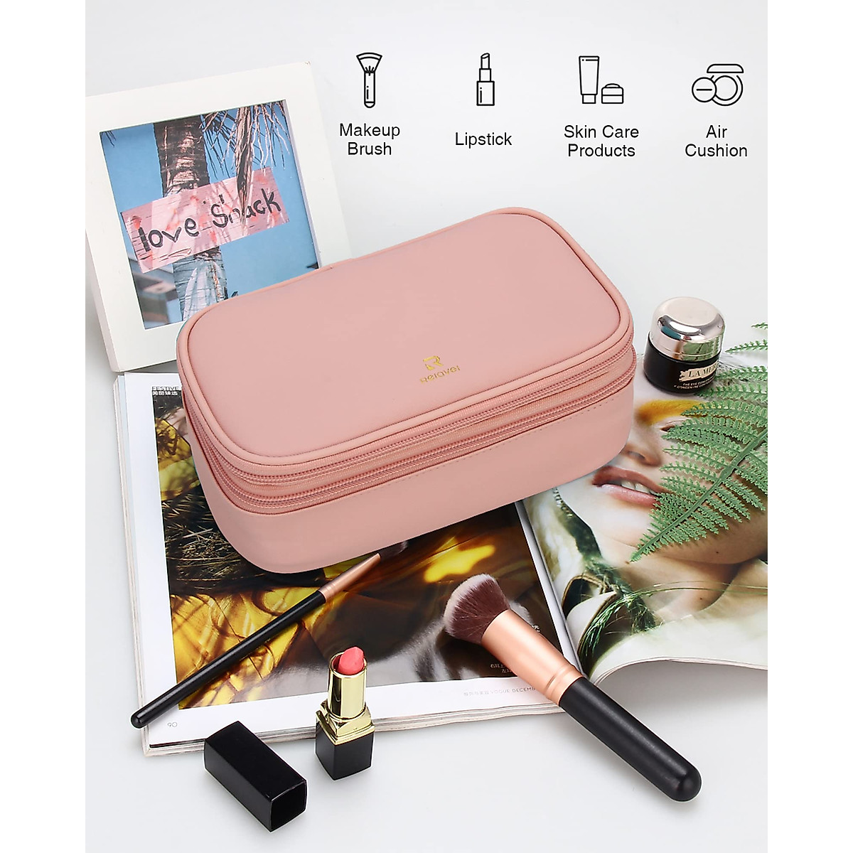 Relavel Makeup Bag, Small Travel Cosmetic Bag for Women, Portable 2 Layer Makeup Brushes Holder Bag, Toiletry Bag, Compact Cosmetic Case Organizer for Christmas, Pink