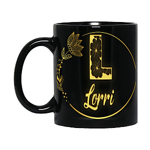 Coffee Mug Personalized Lorri Name & Initial Letter Monogram Floral Alphabet Mug Golden Flowers Custom Black Coffee Cup, Gift for Her Mom Coworker Sister, Wife, Girl 11oz Black Mug 035432