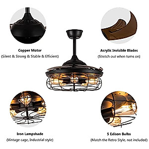 Siljoy Retractable Ceiling Fan with Lights Black Industrial Caged Ceiling Fan with Remote Controller Farmhouse Chandelier Fan with Lights for Living Room Bedroom Patio (48 Inches, 5 Lights)