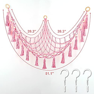 Tinabless Stuffed Animal Net or Hammock, Hanging Corner Pet Net for Stuffed Animals Toy Storage, Stuffed Animal Hammock Holder with Hooks for Bedroom Nursery Crib Kindergarten Wall Decor(Pink)