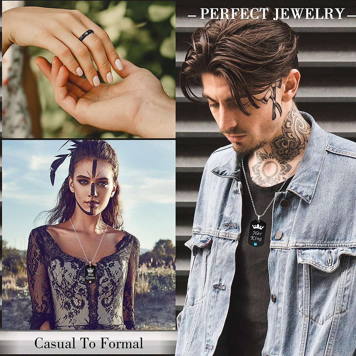 6 Pcs Couples Necklace Bracelet and Ring Set, Includes Necklaces for Him and Her Love Heart Pendant His Queen Her King (Heart Style, Metal)