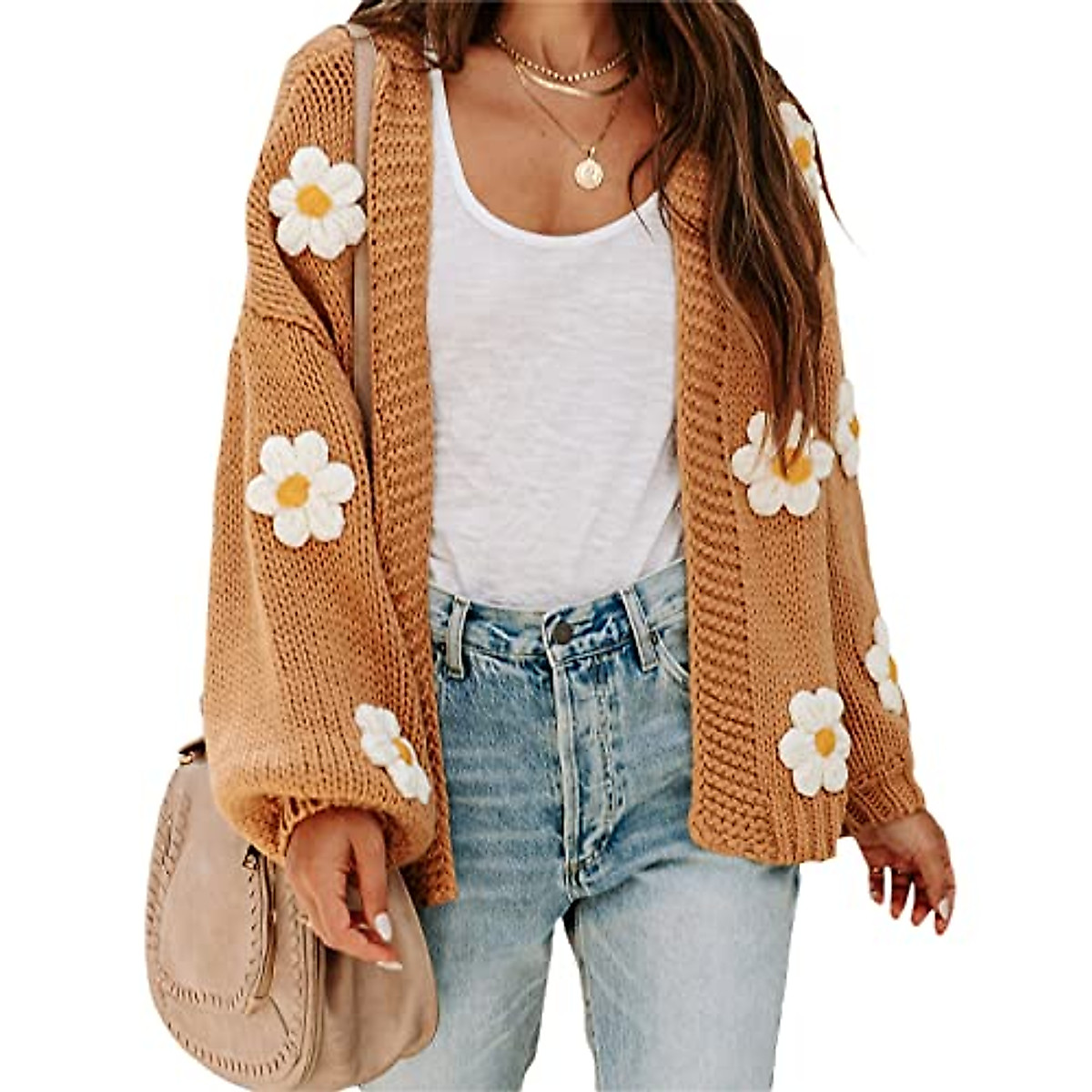 Women Crop Cardigan Sweater Long Lantern Sleeve 3D Flower Open Front Y2K Knit Cardigan Kawaii Crochet Sweater Tops (Camel+Flower, M)