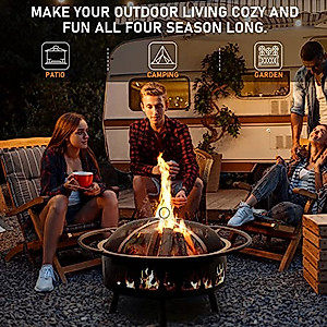 Wood Fire Pits,Bonfire Pit,Fire Pits for Outside,30 Inch Round Cast Iron Fire Pit for Patio,Backyard with Spark Screen,Fire Poker and Metal Grate (Flame)