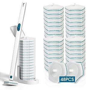BALORIZ Disposable Toilet Brush with 48 PCS Toilet Refills, Disposable Toilet Cleaning System- Toilet Brush, Storage Caddy and 48 Toilet Bowl Brush Refill Heads for Bathroom Cleaning