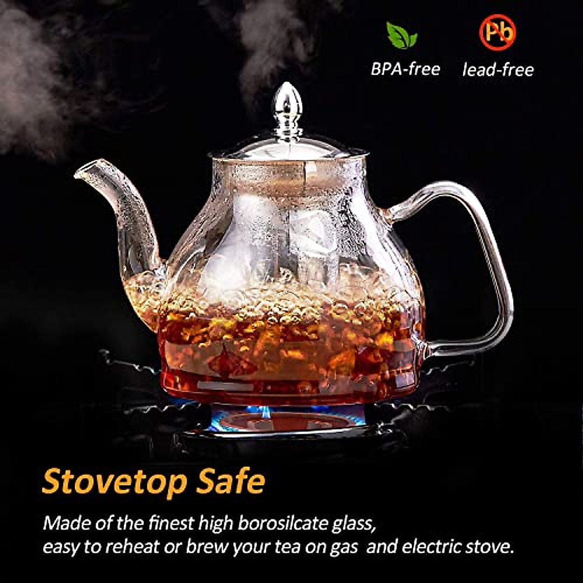 Glass Teapot, 40oz/1200mL Glass Kettle with Removable Stainless Steel Infuser for Blooming Tea & Loose Leaf Tea, Gooseneck Tea Pot, Microwave & Stovetop Safe, Gift Box for Tea Maker