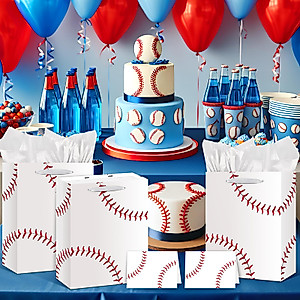 Baseball Party Gift Bag, Large White Baseball Gift Wrap Bags with Tissue Paper Greeting Card Decorations for Sport Party Favor Baseball Birthday Goodie Gifts Wrapping Bags for Kids Teens Team Supplies