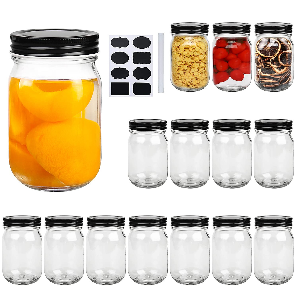 Accguan 16oz Glass Jars with Regular Lids, Mason Jar With Airtight Lids(Black), Clear Glass Jar Ideal for Jam,Honey,Shower Favors,Wedding Favors, 15 pack