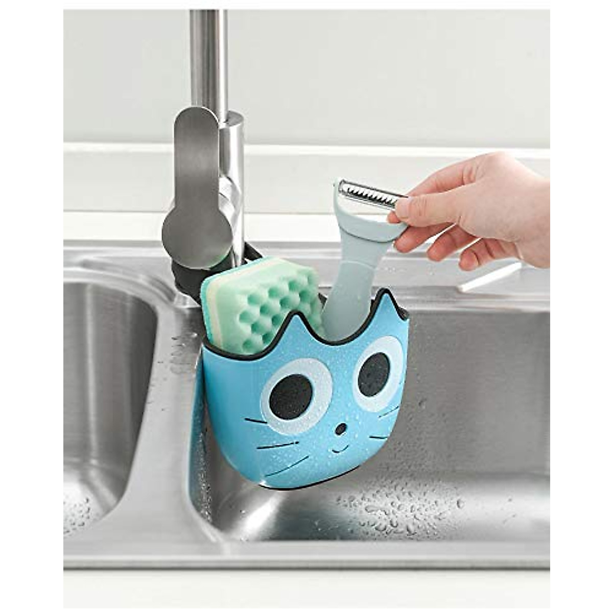 QTMY 2 PACK Cat Sponge Holder Basket with Buckle,Sink Faucet Caddy Hanging Drain Rack, Gadget Soap Brush Desk Pen Organizer for Kitchen Bathroom,Pink Blue