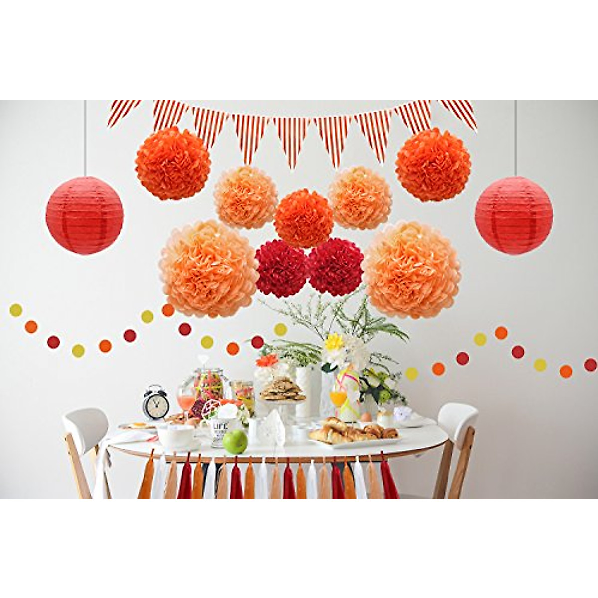 33pcs Party Decorations Supplies Set, Paper Lanterns Tissue Pom Poms Flowers Tassels Hanging Garland Banner Triangle Flag Bunting for Birthday, Baby Shower, Wedding Graduation Events (Orange, Red)
