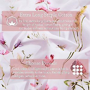 URBONUR 100% Egyptian Cotton Bed Sheets Full Size Set 4 Pcs,Cooling,Breathable Soft & Silky Percale Weave Floral Sheets Fits Mattress Up to 16" Deep Pocket (Pink Flowers & Bees, Full)