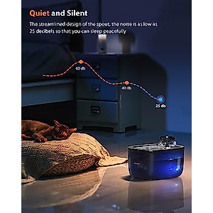 Stouchi Cat Water Fountain 85oz/2.5L, Stainless Steel Pet Water Fountain for Cats Dogs Inside with Led Light, Ultra-Quiet Cat Water Dispenser Bowl, Cat Waterer Fountain for Multiple Pets, Black