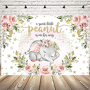 Mocsicka Baby Girl Elephant Baby Shower Backdrop Pink Floral Sweet Little Peanut is on Her Way Photo Backdrops Cute Elephant Party Cake Table Photography Background (7x5ft)