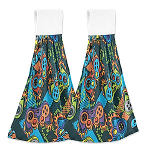 SLHKPNS Graffiti Game Controller Kitchen Hanging Hand Towels, Vintage Joystick Absorbent Tie Towel with Loop 2 PCS Kitchen Linen Sets for Bathroom Restroom Home Decor