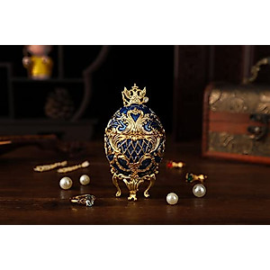 FASALINO Faberge Egg Jewelry Trinket Box Classic Hand-Painted Ornaments Metal Craft Gift for Home Decor (Blue)