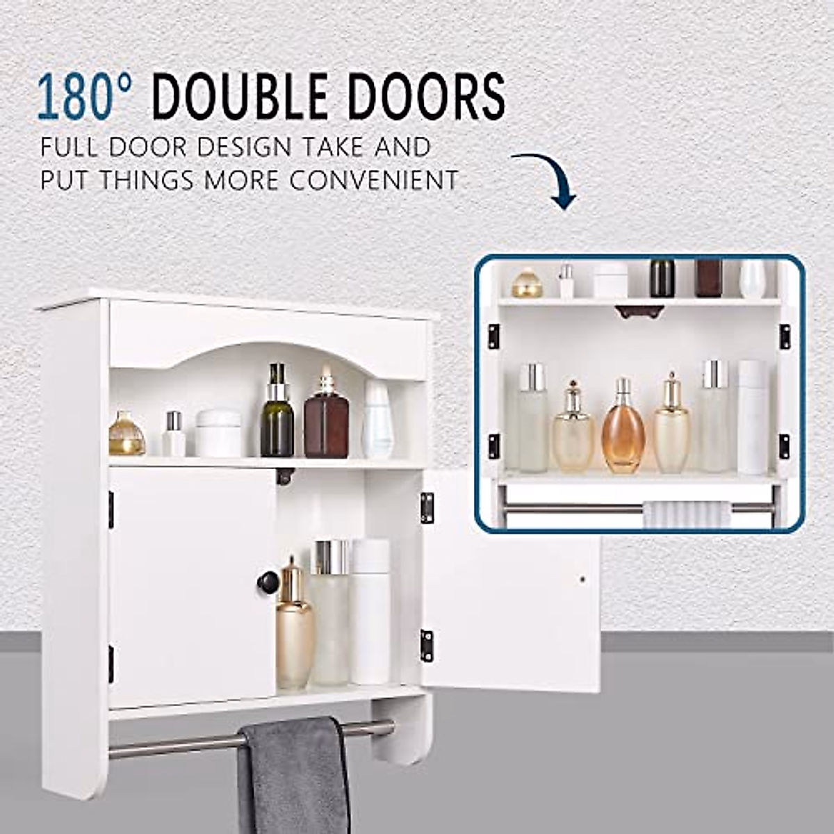 LUCYPAL Bathroom Cabinet Wall Mounted with Doors, Wooden Hanging Cabinet, Bathroom Cabinet with Towel Bar Over The Toilet, Bathroom Wall Cabinet White