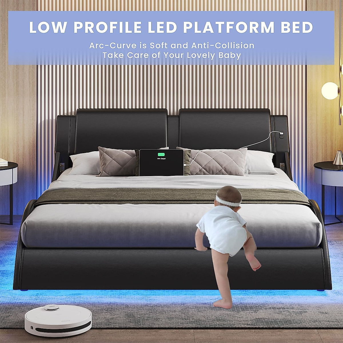 DICTAC Queen Bed Frame with Led Lights and Charging Ports Modern Faux Leather Upholstered Queen Size Platform Bed with Headboard Wave Like Curve Low Profile Bed,Wood Slats Support,Easy Assembly,Black