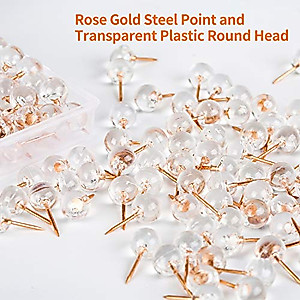 WenTao 150PCS Push Pins, Rose Gold Map Thumb Tacks, Large Size Pins Rose Gold Steel Point and Transparent Plastic Round Head for Bulletin Board, Fabric Marking, Crafts and Office Organization