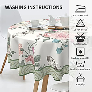 Round Tablecloth 60 Inch, Spring Floral Butterfly Green White Table Cloth for Rustic Farmhouse Kitchen Decor, Waterproof Wipeable Polyester Fabric Table Cover for Holiday Party Outdoor Camping Picnic