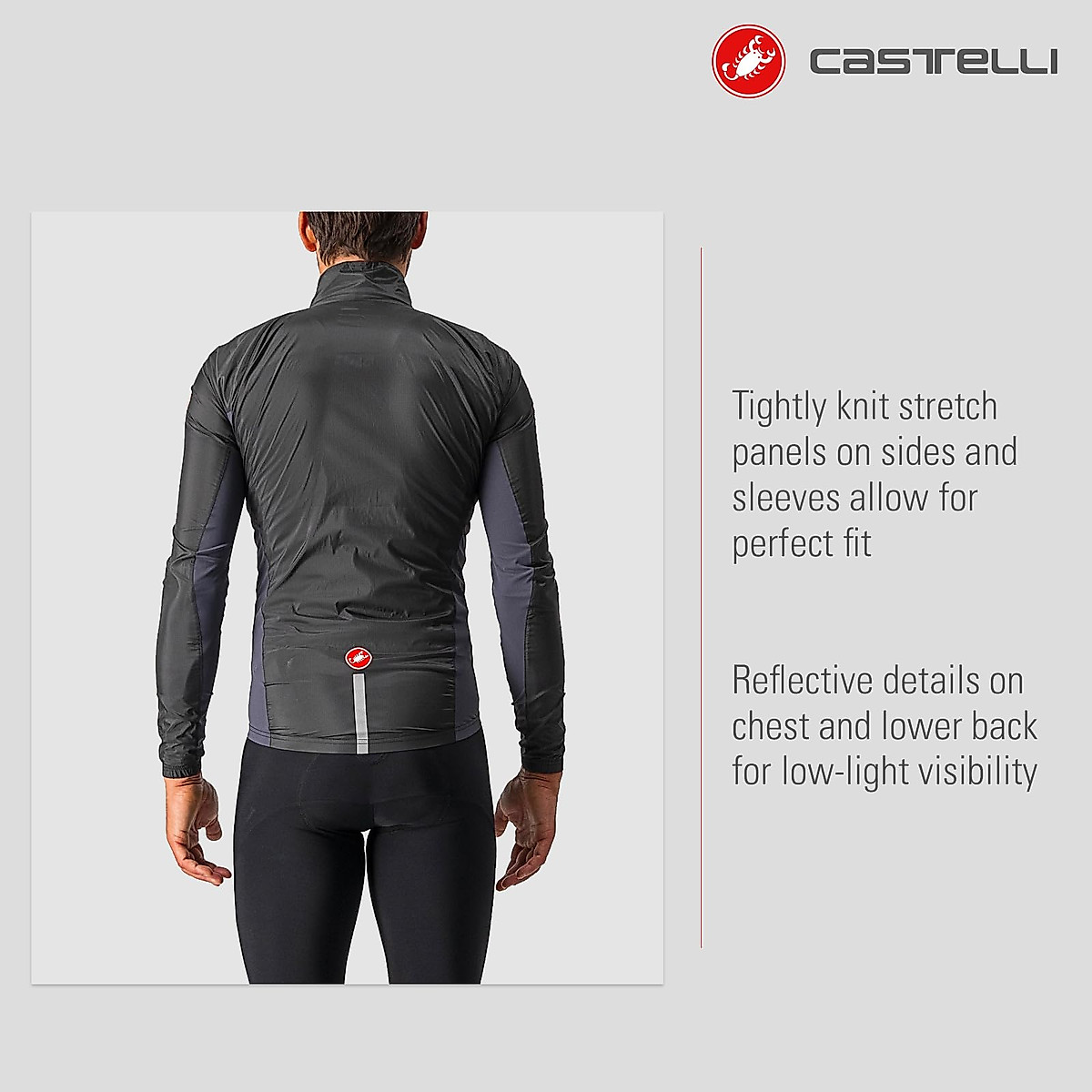 CASTELLI Men's Squadra Stretch Jacket, Windproof Zip Up Shell with High Collar for Road and Gravel Biking I Cycling - Light Black/Dark Gray - X-Large