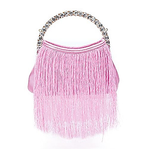Women's Crystal Tassel Evening Clutch Purse Rhinestone Top Handle Satin Dressy Evening Party Handbags Pink