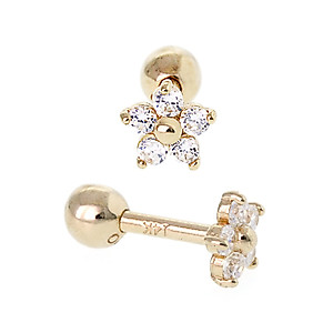 ANYGOLDS 14K Real Solid Gold 0.058ctw Diamond Flower Cartilage Daith Helix Tragus Conch Rook Snug Ear Post Stud Piercing Earring Body Jewelry 18Gauge - 1 PCS (8mm, 14K Yellow Gold)