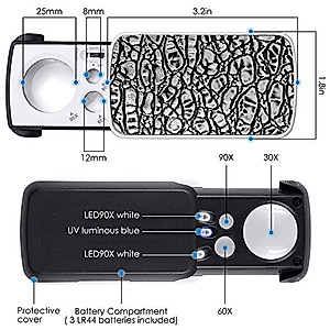 Jewelry Loupe Magnifier with LED Light, AFUNTA 30X,60X,90X Pocket Magnifying Glass for Rocks Stamps Coins Watches Hobbies Antiques Models Photos - Silver