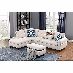 Devion Furniture Polyester Fabric Sectional Sofa with Lift-top Storage Ottoman, Tufted Design, in Beige Finish