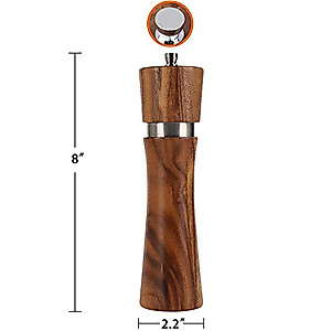 Wood Pepper Grinder - VanlonPro 8 Inch Pepper Mill with Adjustable Coarseness, Ceramic/Stainless Steel Grinding Salt Mill Refillable, Manual Salt and Pepper Shakers Spice Tools for your kitchen