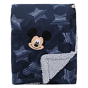 Disney Mickey Mouse Hello World Star/Icon Super Soft Double Sided Velour/Sherpa Baby Blanket, Navy, Grey, White