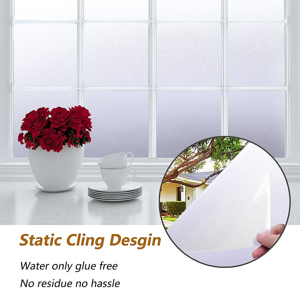 Privacy Window Film, Opaque Vinyl Window Frosting Film, Non Adhesive Window Glass Sticker Static Cling Removable Window Decals Heat Control Easy to Use, Pure Frosted 17.5 x 78.7 Inches