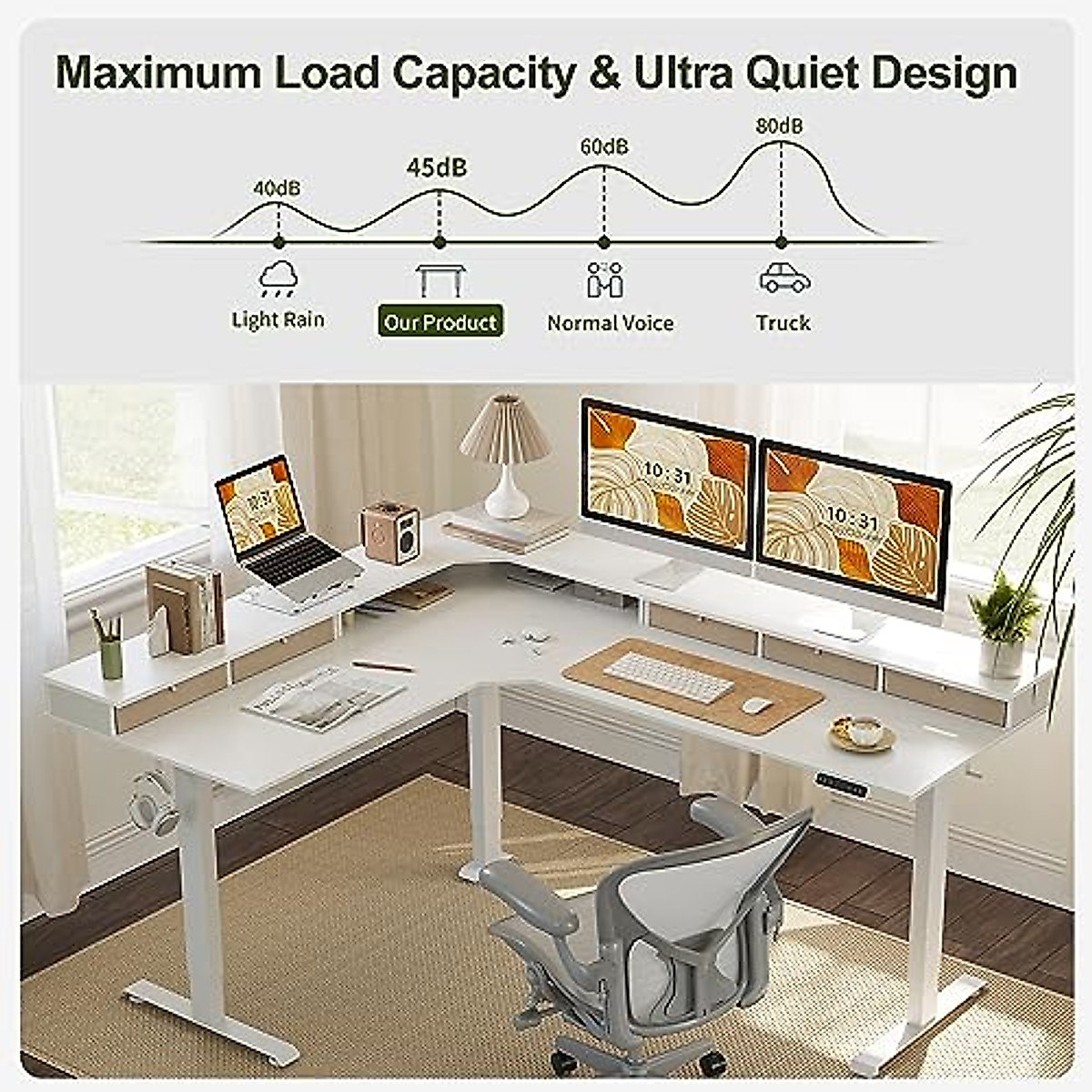 BANTI Triple Motor 75" L-Shape Standing Desk with 5 Drawers, Sit Stand Home Office Desk, Computer Workstation Corner Standing Desk with Spliced Panels, White Top