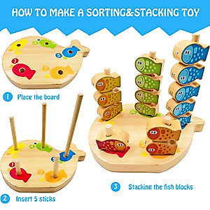 Dailyfunn Montessori Toy 4-in-1 Magnetic Fishing Game Stacking Blocks Lacing Beads Toys for Toddlers-Kids
