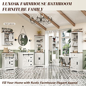LUXOAK Farmhouse Over Toilet Cabinet, 68" Tall Toilet Organizer Stand with Sliding Barn Door & Adjustable Shelf, Above Toilet Storage for Bathroom, Laundry Room, Rustic Oak & White