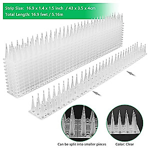 KKUYT Defender Spikes, 12 Pack Plastic Bird Spike, Outdoor Wall Cat Spikes Pigeon Spikes, 17 Feet Security Fence Spikes Anti-Theft Climb Strips for Roof, Railing (Clear-12 PCS)…