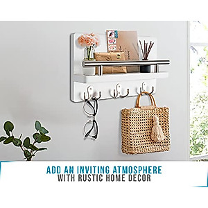 Comfify Key Holder for Wall - Natural Pine Wood Texture, Modern Decorative Finish, Metal Key Hooks with Mail Organizer/Sorter Slot White