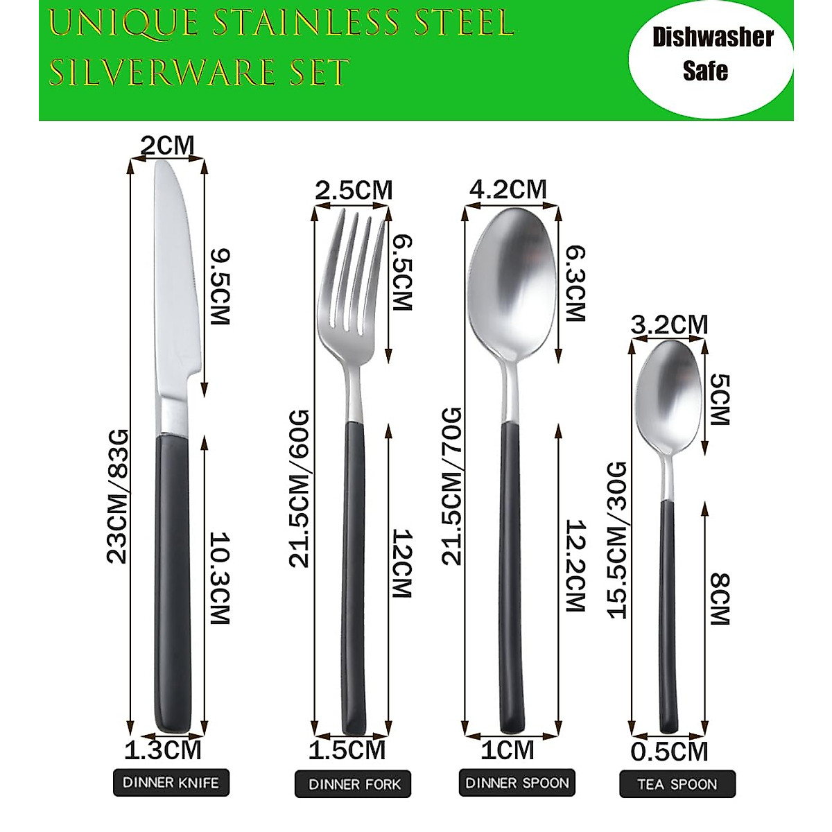 Thomaso 24-piece Black Handle and Silver Silverware Set,1810 Stainless Steel Flatware Service for 6, Cutlery Set with Black Streamlined Handle,Silver Spoons and Forks Set, Dishwasher Safe