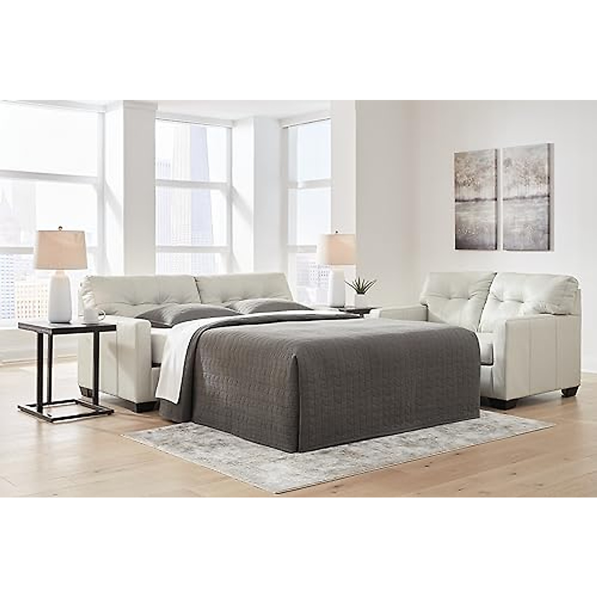 Signature Design by Ashley Belziani Modern 2-in-1 Tufted Leather Match Sofa Sleeper with Folding Gel Memory Foam Mattress, Full, White