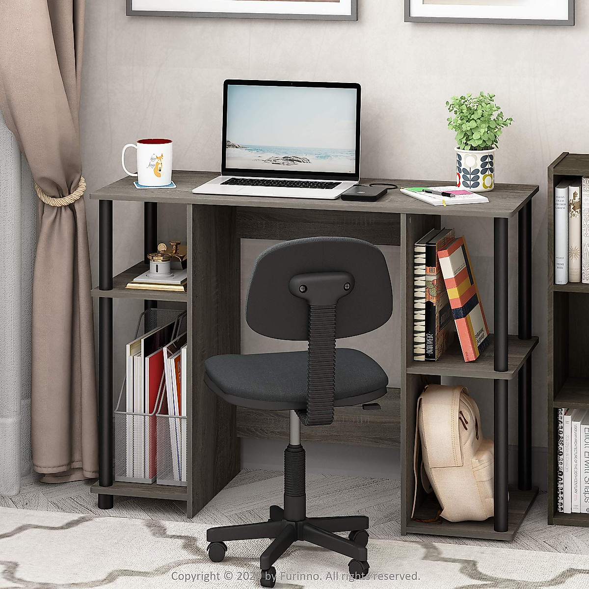 Furinno Jaya Computer Study Desk With Open Storage, French Oak Grey/Black