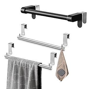 VEHHE Kitchen Towel Holder - 2pcs Over Cabinet Door Hand Dish Towel Bar Rack Holders with 2 Hooks＆ VEHHE Kitchen Towel Holder, Retractable Kitchen Towel Rack, Hooks Adjustable to Door Thickness.