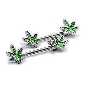 Pierce2GO 14G Nipple Piercing Surgical Stainless-Steel Set of 2 Barbell Marijuana Weed Cute Nipple Rings Nipple Piercing Jewelry for Women - 9/16" Barbell