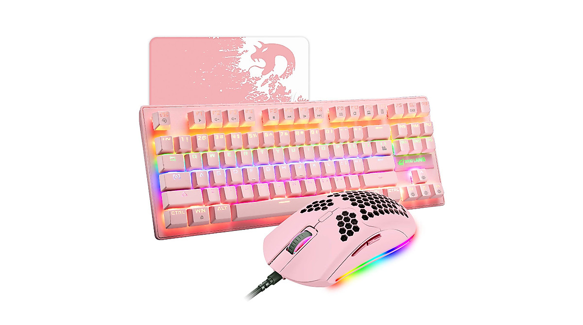 Pink Mechanical Gaming Keyboard & Mouse Set for Gamers