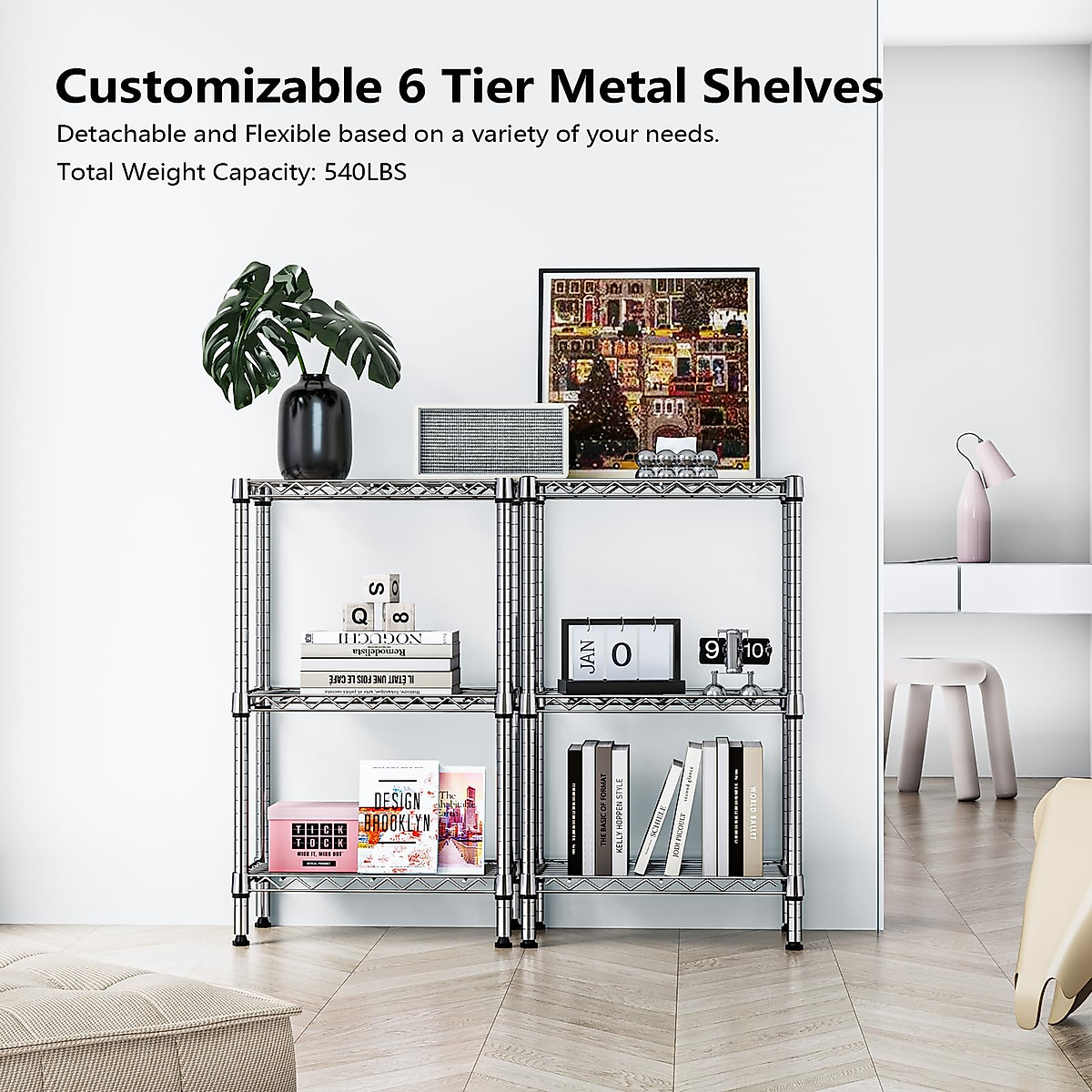 MZG 6 Tier Storage Rack Metal Wire Shelving Unit, Storage Standing Household Shelf Organizer for Laundry Bathroom Kitchen Pantry Closet Garage Basement Utility Room, Chrome 11.8" D x 21.7" W x 70.4" H